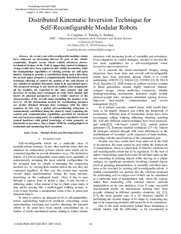 Pdf Distributed Kinematic Inversion Technique For Self Reconfigurable Modular Robots Alessio