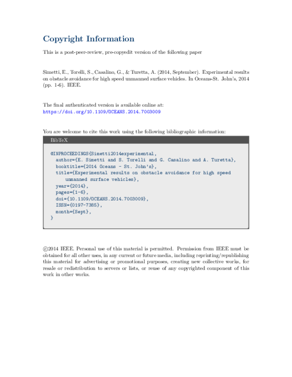 (PDF) Experimental results on obstacle avoidance for high speed ...