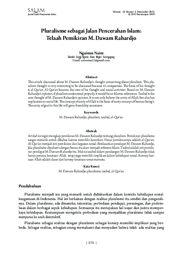 (PDF) Pluralisme sebagai Jalan Pencerahan Islam: Telaah Pemikiran M. Dawam Rahardjo