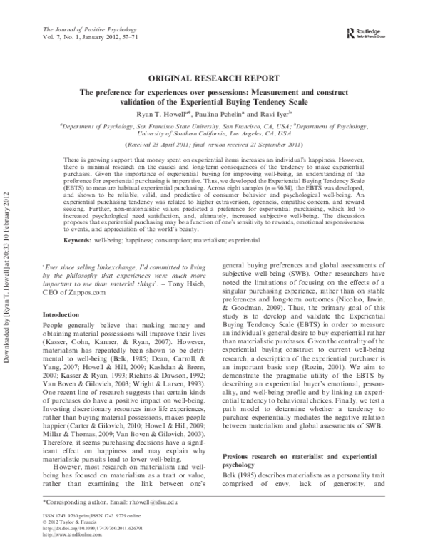 Pdf The Preference For Experiences Over Possessions Measurement And Construct Validation Of