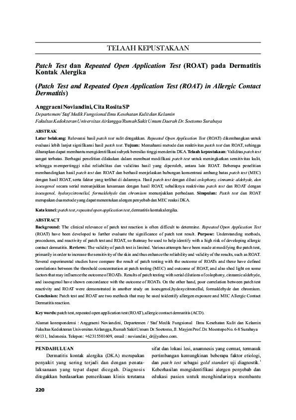 (PDF) Patch Test and Repeated Open Application Test (ROAT) in Allergic ...
