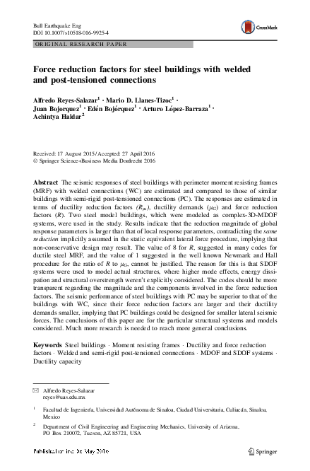 (PDF) Force reduction factors for steel buildings with welded and post ...