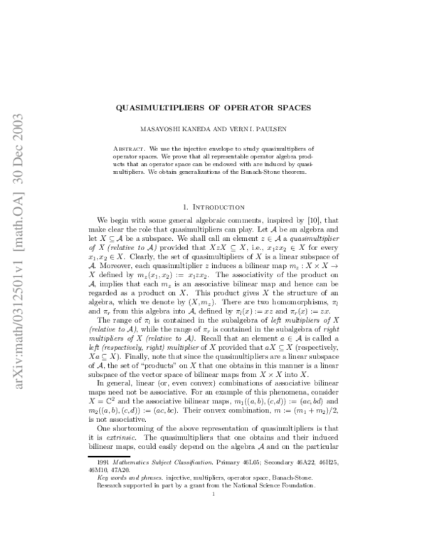 (PDF) Quasi-multipliers of operator spaces