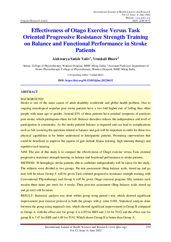 Pdf Effectiveness Of Otago Exercise Versus Task Oriented Progressive