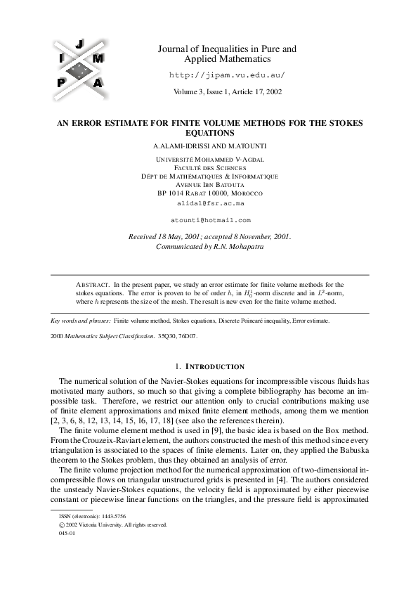(PDF) An error estimate for finite volume methods for the Stokes equations