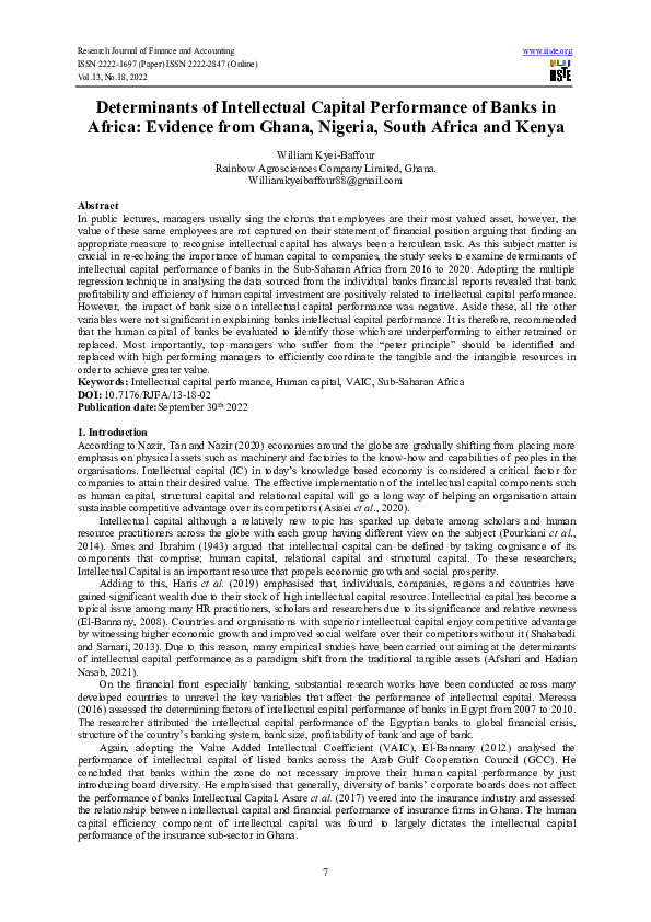 (PDF) Determinants of Intellectual Capital Performance of Banks in Africa: Evidence from Ghana ...