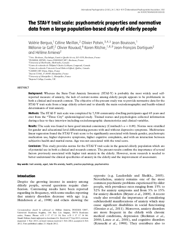 (PDF) The STAI-Y trait scale: psychometric properties and normative ...