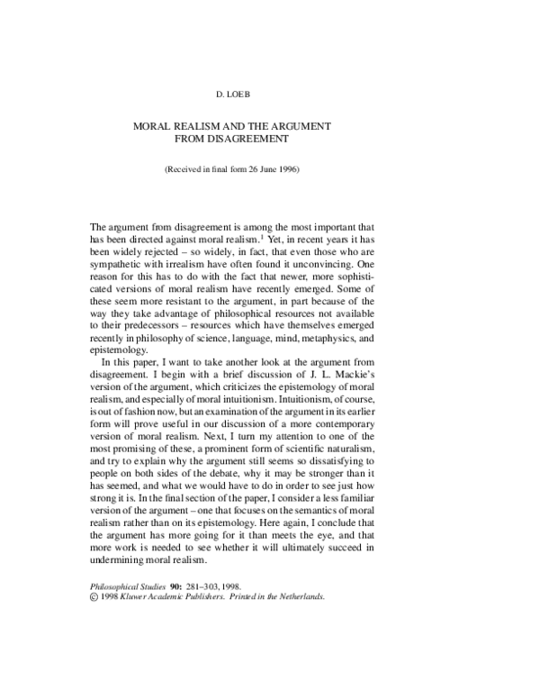 (PDF) Moral Realism and the Argument from Disagreement