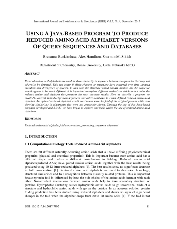 (PDF) Using a Java Based Program to Produce Reduced Amino Acid Alphabet Versions of Query ...