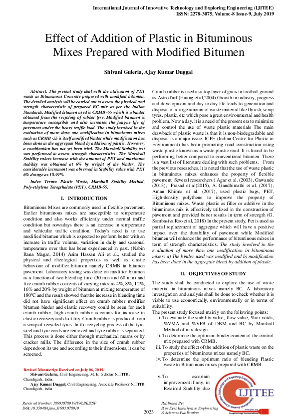 (PDF) Effect of Addition of Plastic in Bituminous Mixes Prepared with ...