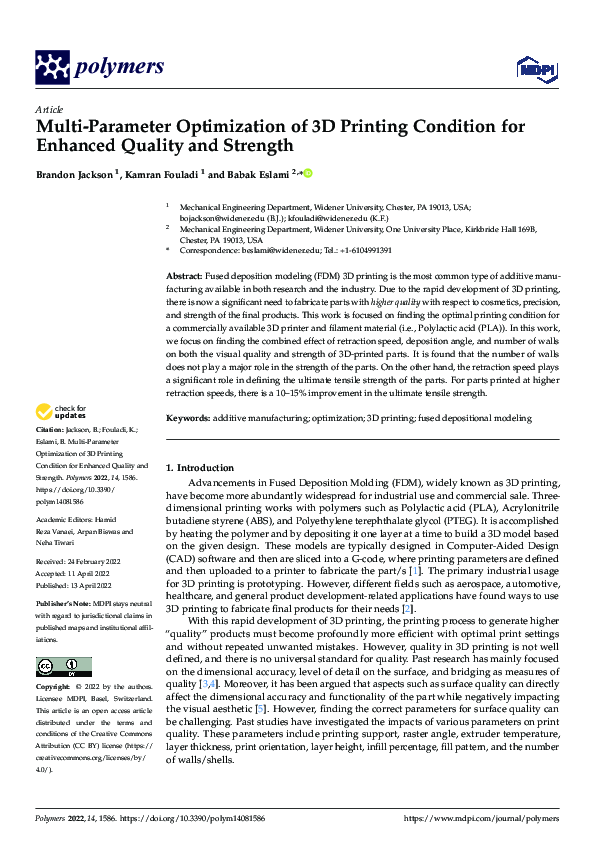 Pdf Multi Parameter Optimization Of 3d Printing Condition For