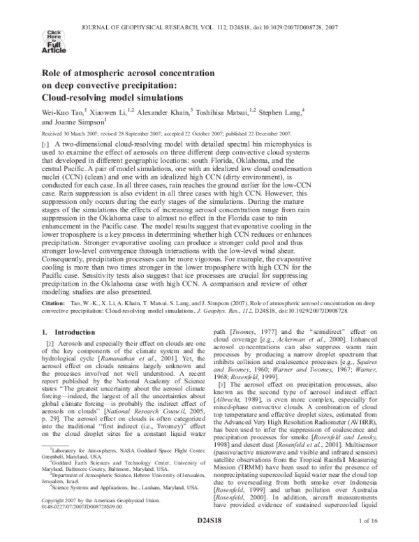 Pdf Role Of Atmospheric Aerosol Concentration On Deep Convective Precipitation Cloud