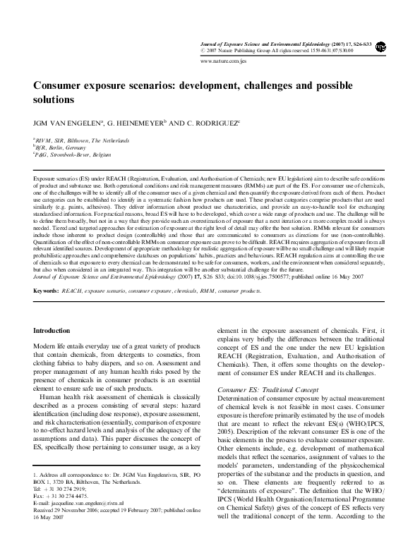 (PDF) Consumer exposure scenarios: development, challenges and possible ...