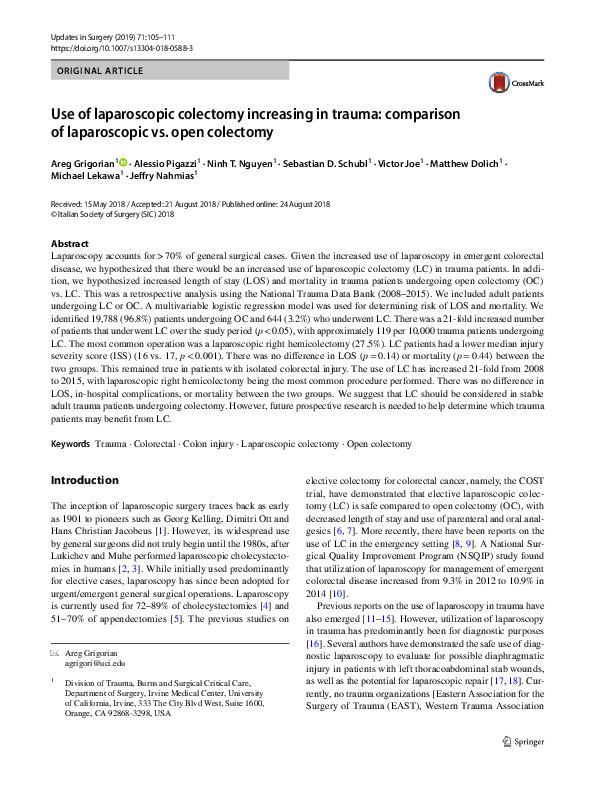 (PDF) Use of laparoscopic colectomy increasing in trauma: comparison of ...