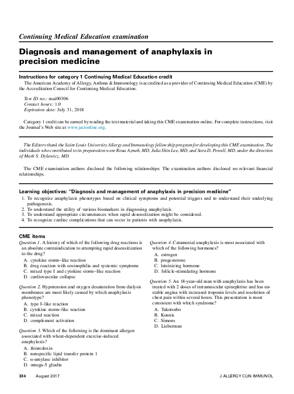 (PDF) Diagnosis and management of anaphylaxis in precision medicine