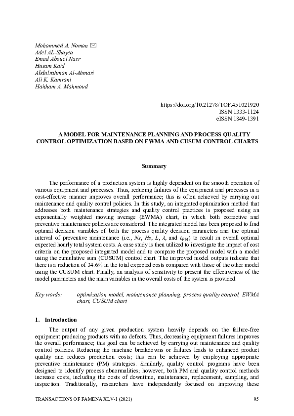 (PDF) A Model for Maintenance Planning and Process Quality Control Optimization Based on EWMA ...