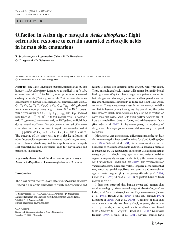 (PDF) Olfaction in Asian tiger mosquito Aedes albopictus: flight ...