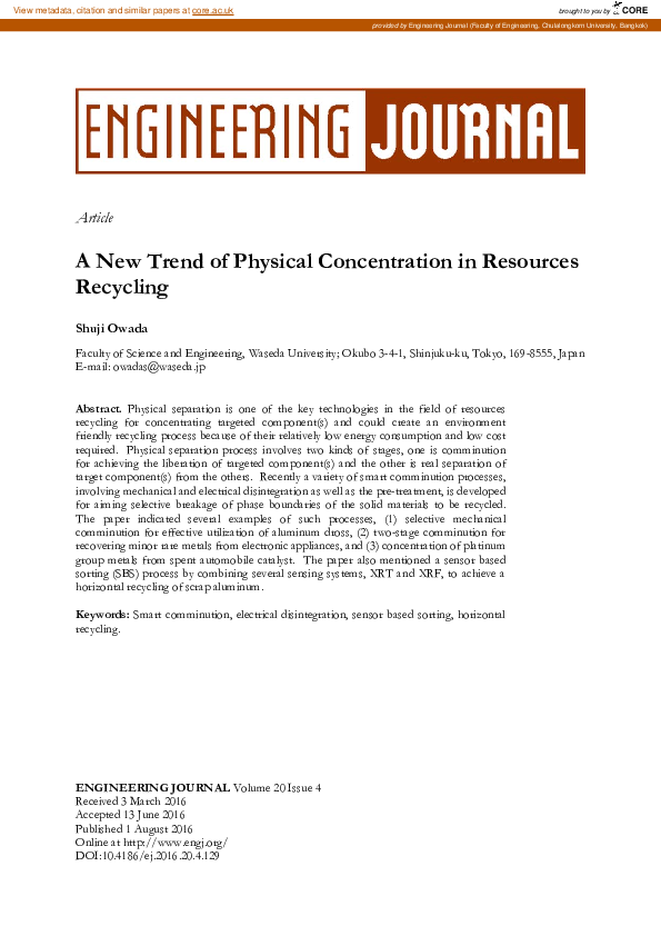 (PDF) A New Trend of Physical Concentration in Resources Recycling