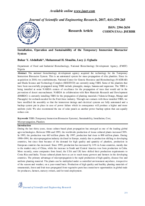 (PDF) CODEN(USA): JSERBR Installation, Operation and Sustainability of ...