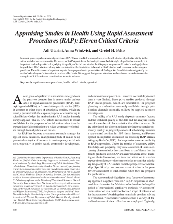 (PDF) Appraising Studies in Health Using Rapid Assessment Procedures ...