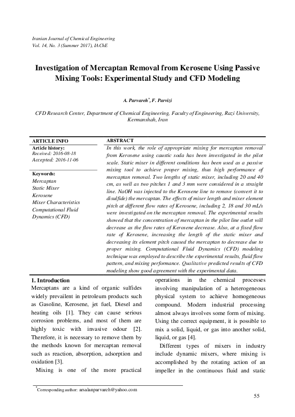 (PDF) investigation of mercaptan removal from Kerosene using passive mixing tools: Experimental ...