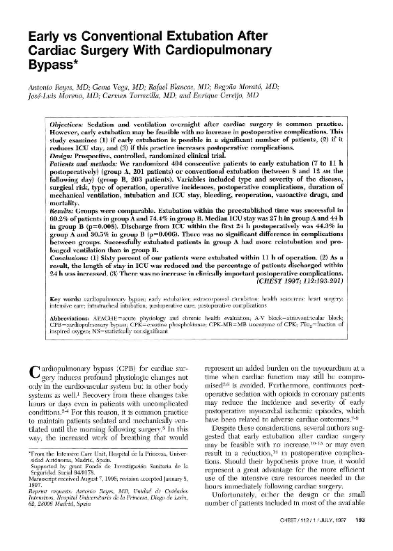 (PDF) Early vs Conventional Extubation After Cardiac Surgery With ...