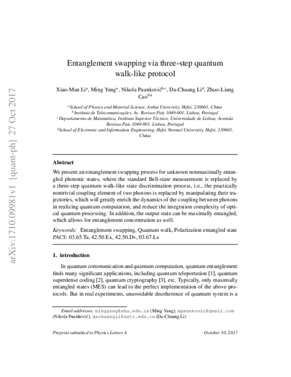 (PDF) Entanglement swapping via three-step quantum walk-like protocol | Nikola Paunkovic ...