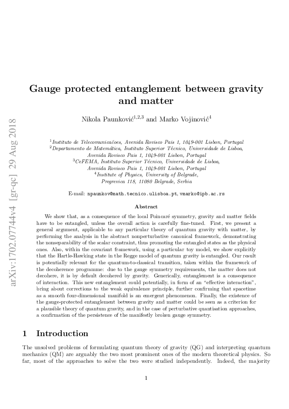 (PDF) Gauge protected entanglement between gravity and matter