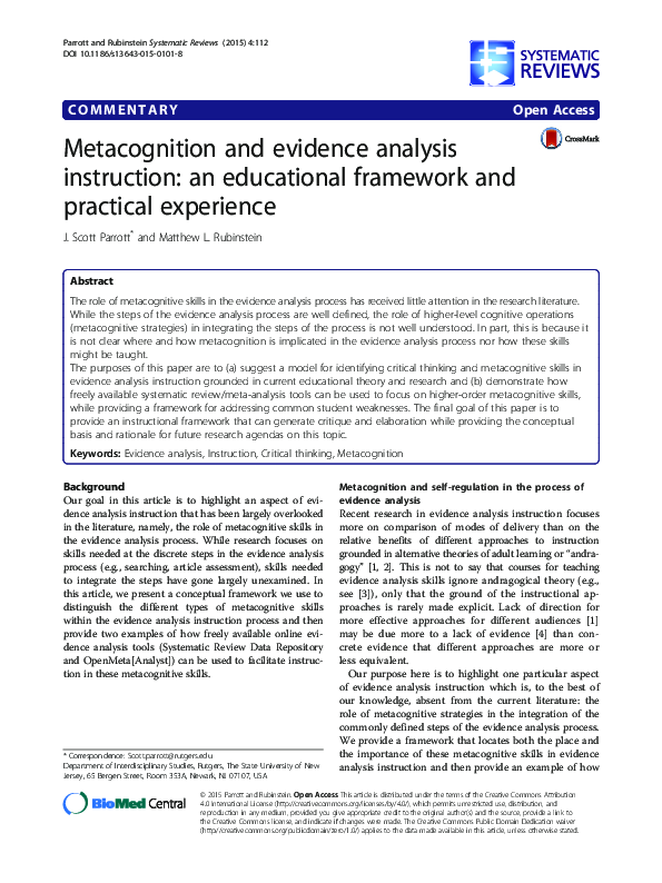 (PDF) Metacognition and evidence analysis instruction: an educational framework and practical ...