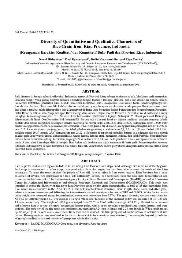 (PDF) Diversity of Quantitative and Qualitative Characters of Rice Grain from Riau Province ...