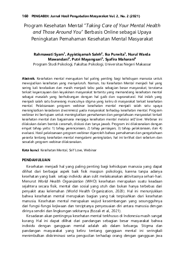 (PDF) Program Kesehatan Mental “Taking Care of Your Mental Health and Those Around You” Berbasis ...