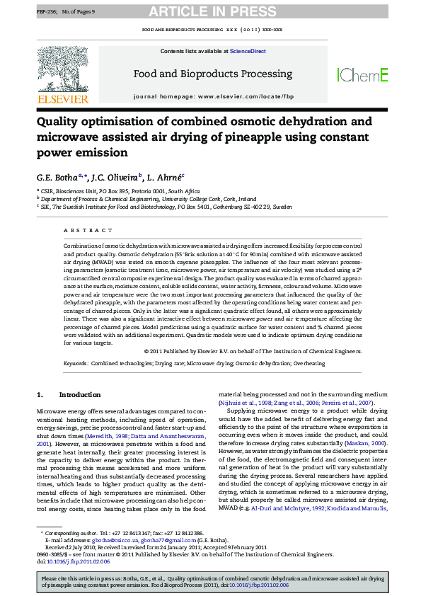 (PDF) Quality optimisation of combined osmotic dehydration and microwave assisted air drying of ...