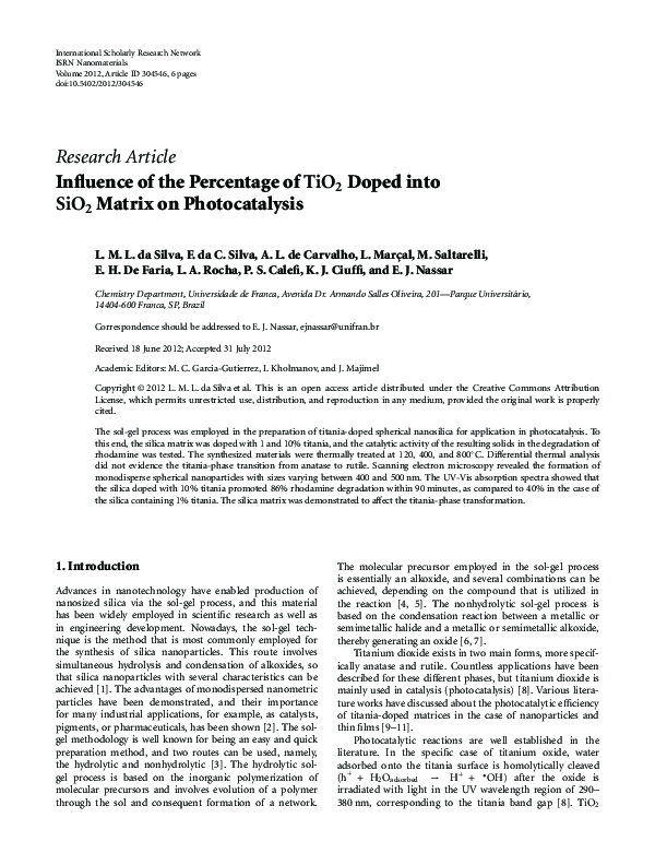 (PDF) Influence of the Percentage of TiO2 Doped into SiO2 Matrix on ...