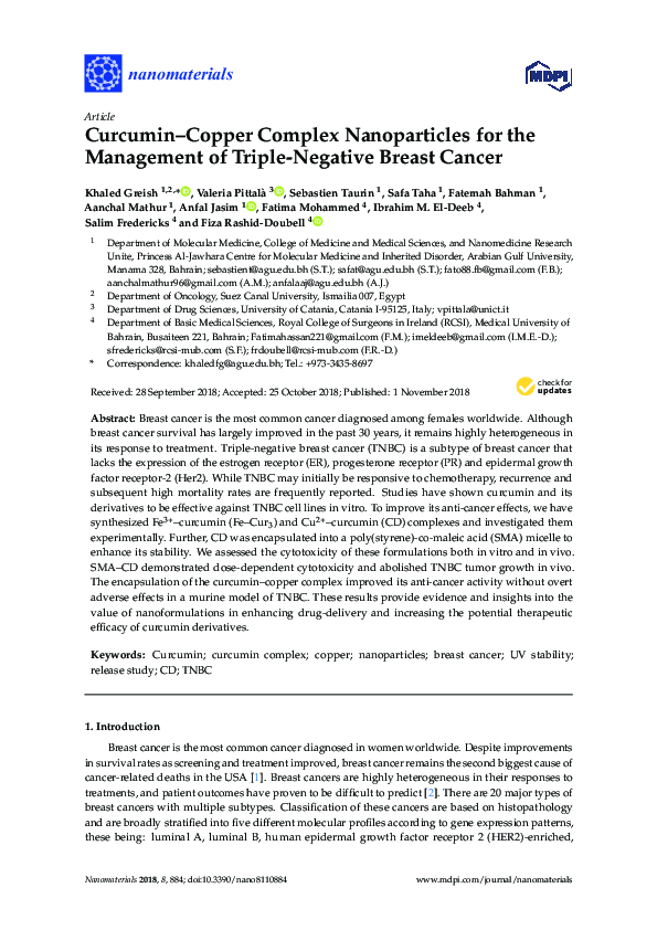 (PDF) Curcumin–Copper Complex Nanoparticles for the Management of Triple-Negative Breast Cancer