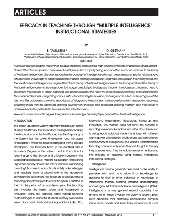 (PDF) EFFICACY IN TEACHING THROUGH “MULTIPLE INTELLIGENCE ...