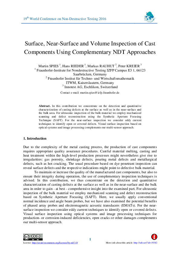 (PDF) Surface , Near-Surface and Volume Inspection of Cast Components ...
