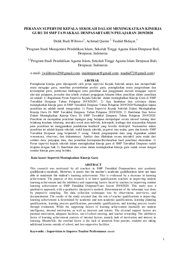 (PDF) Peranan Supervisi Kepala Sekolah dalam Meningkatkan Kinerja Guru di SMP Tawakkal Denpasar ...
