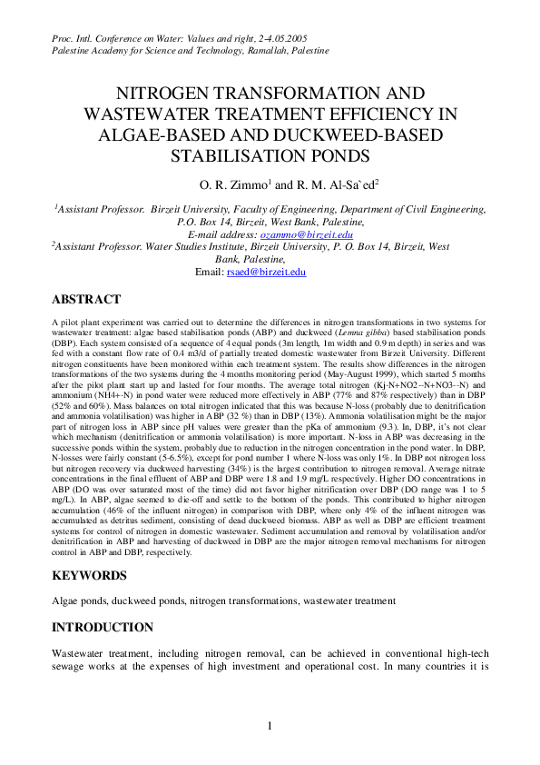 (PDF) Nitrogen transformation and wastewater treatment efficiency in algae-based and duckweed ...