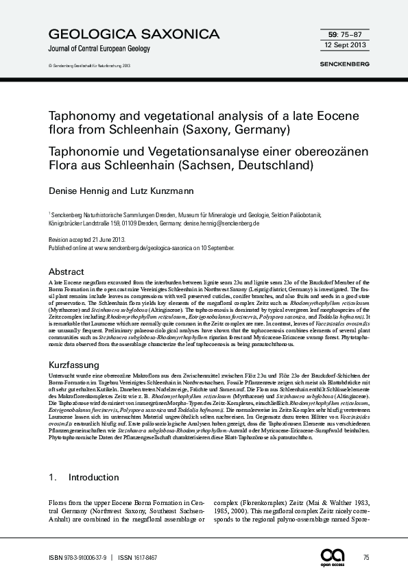 (PDF) Taphonomy and vegetational analysis of a late Eocene flora from Schleenhain (Saxony ...