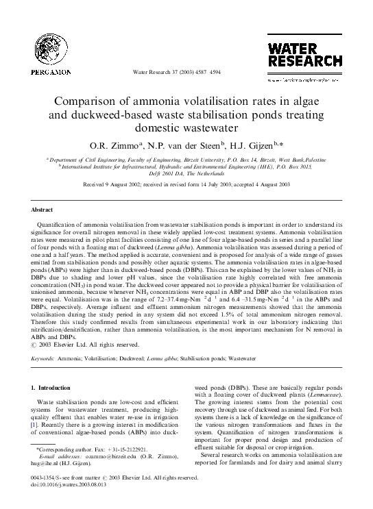(PDF) Comparison of ammonia volatilisation rates in algae and duckweed ...