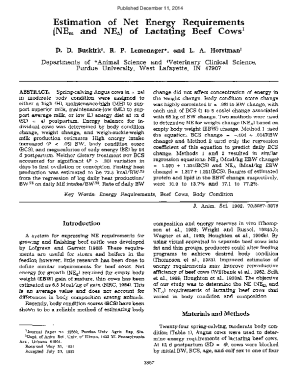 (PDF) Estimation of net energy requirements (NEm and NE delta) of lactating beef cows