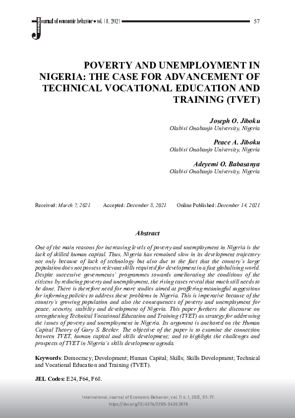 (PDF) Poverty and Unemployment in Nigeria: The case for advancement of Technical Vocational ...