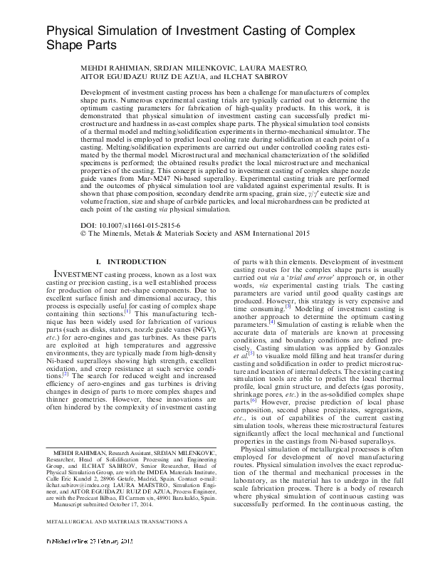 (PDF) Physical Simulation of Investment Casting of Complex Shape Parts