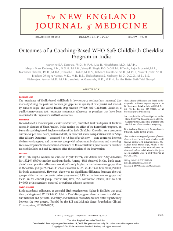 (PDF) Outcomes of a Coaching-Based WHO Safe Childbirth Checklist ...