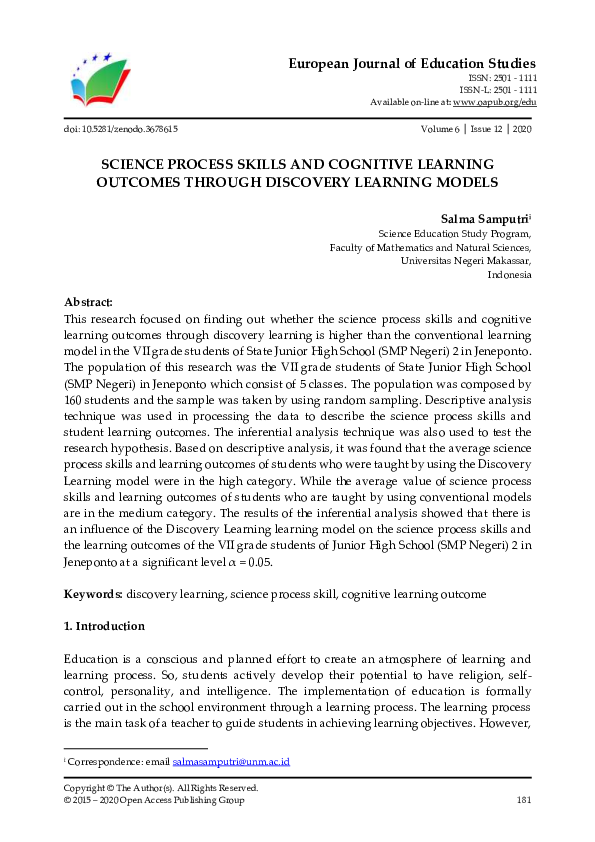 (PDF) Science Process Skills and Cognitive Learning Outcomes Through Discovery Learning Models