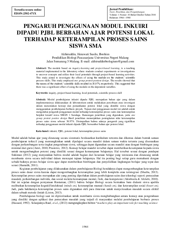 (PDF) Pengaruh Penggunaan Modul Inkuiri Dipadu PJBL Berbahan Ajar Potensi Lokal Terhadap ...