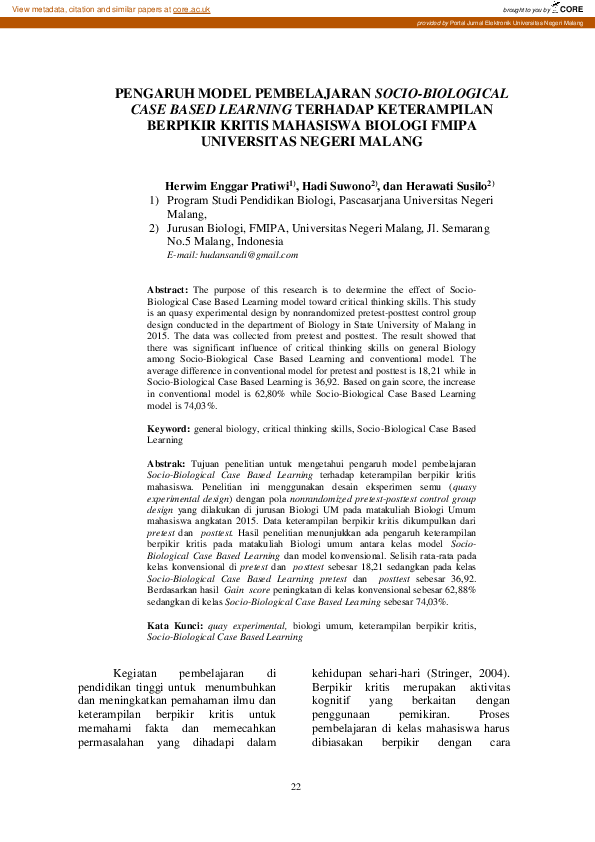 (PDF) Pengaruh Model Pembelajaran Socio-biological Case Based Learning Terhadap Keterampilan ...