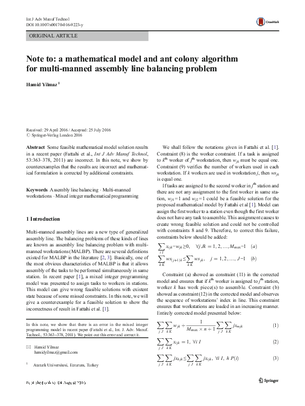 (PDF) Note to: a mathematical model and ant colony algorithm for multi-manned assembly line ...