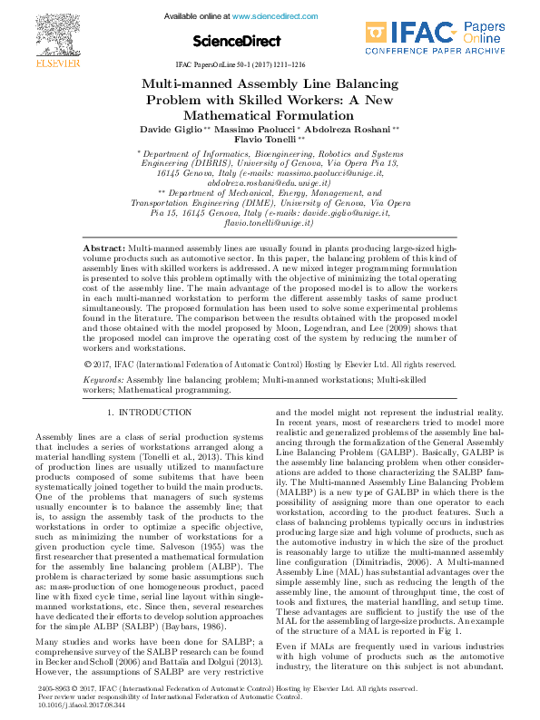 Pdf Multi Manned Assembly Line Balancing Problem With Balanced Load Density