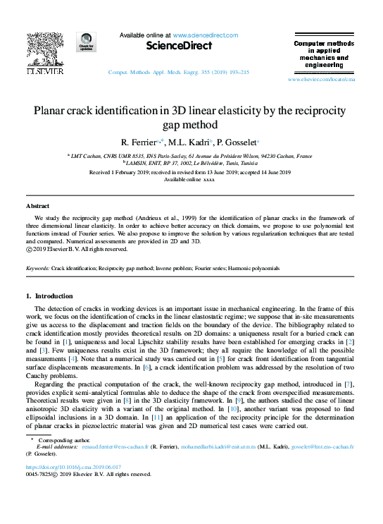 (PDF) Planar crack identification in 3D linear elasticity by the reciprocity gap method ...